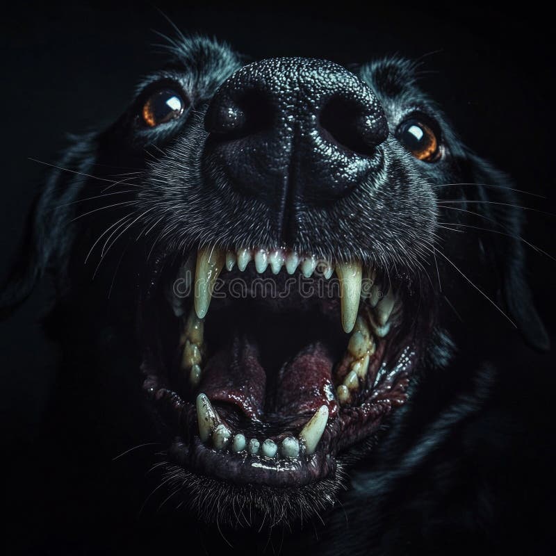 Fierce Black Dog with Sharp Teeth in Low-light Close-up Stock Image ...