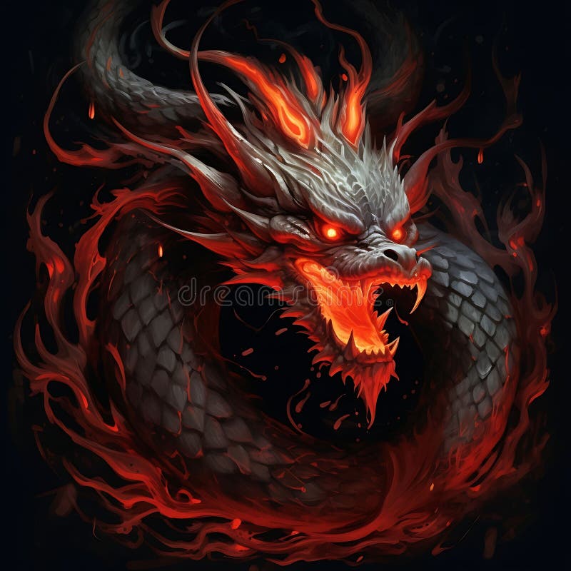 Fierce Black Dragon with Red Flames and Glowing Eyes, Coiling in Dark ...