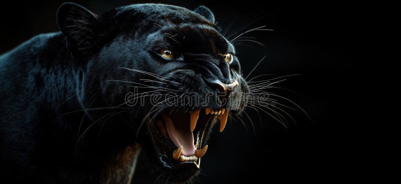 Fierce Black Panther Roaring with Bared Teeth in Dramatic Lighting ...