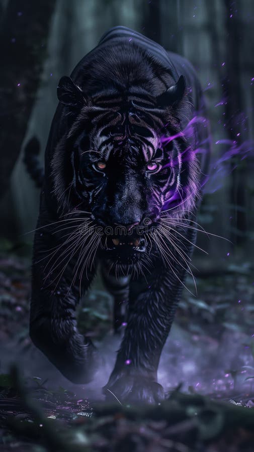 Fierce Black Tiger Prowls through Mystical Forest, Exuding Power Stock ...