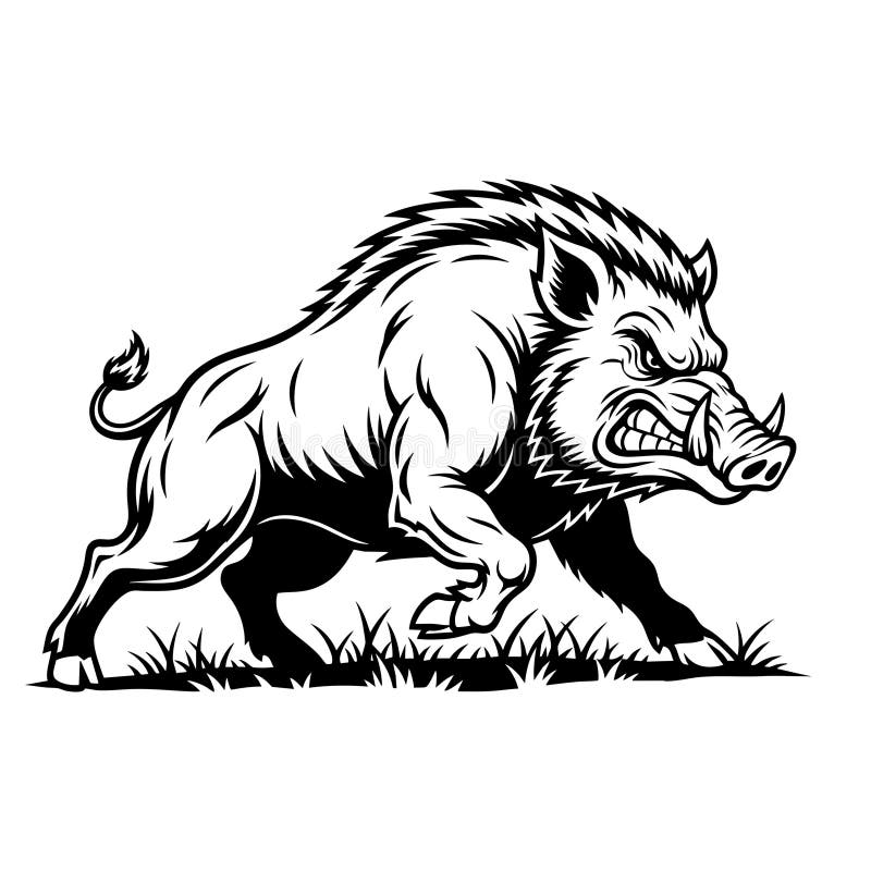 Fierce Black and White Vector of an Angry Wild Boar Charging through ...