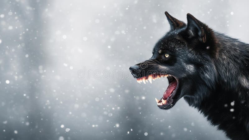 A Fierce Black Wolf Displays Its Sharp Teeth and Intense Gaze Against a ...