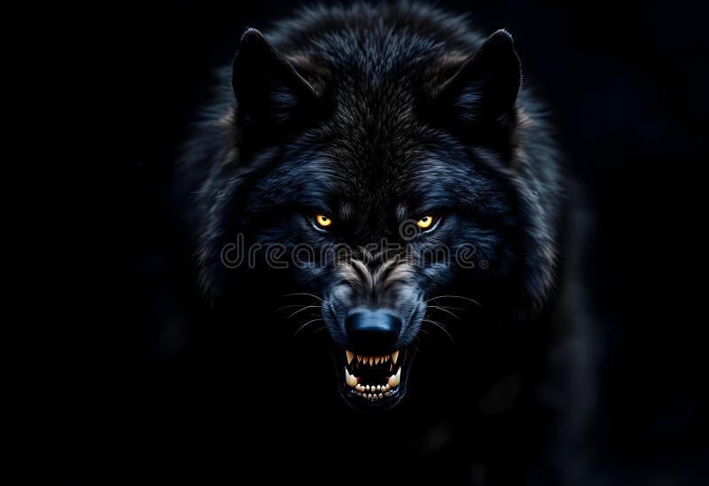Fierce Black Wolf Glaring Intensely in the Dark Stock Illustration ...