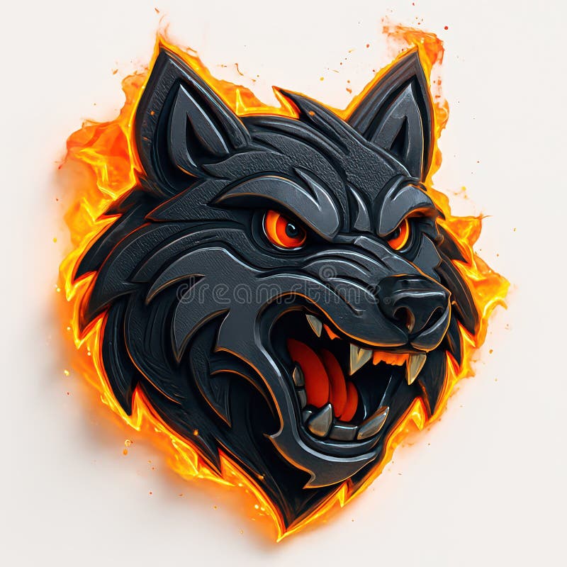 Fierce Black Wolf Head Illustration with Burning Orange Flames and Angry Red Eyes on White Stock ...