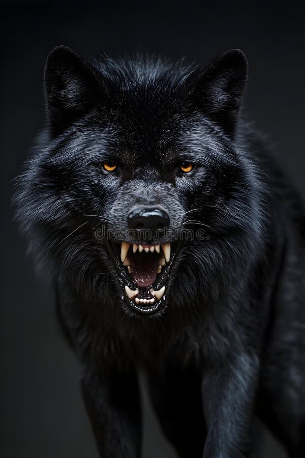 Fierce Black Wolf Snarling with Sharp Teeth Against a Dark Ominous Background Stock Illustration ...