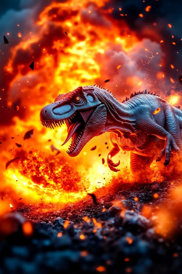 A Dinosaur with Its Mouth Open in Front of a Fiery Explosion Stock ...