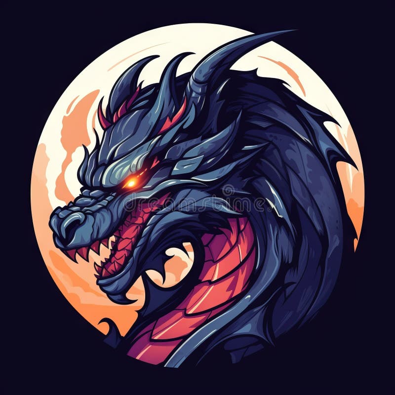 Fierce Blue Dragon with Red Eyes Against a Moon Background. Stock ...
