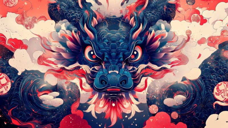 Fierce Blue Dragon in Red and White Smoke Digital Art Stock ...