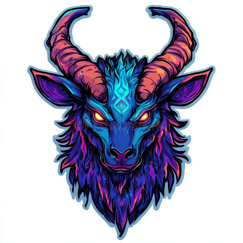 Fierce Blue and Purple Mythical Creature Head with Large Horns Stock ...
