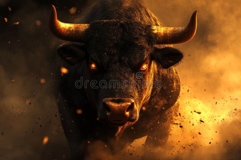 Fierce Bull Charging Forward in Dramatic Golden Lighting, Showcasing ...