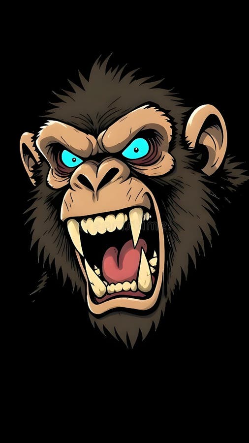 Fierce Cartoon Monkey Face Growling with Sharp Teeth and Bright Blue ...