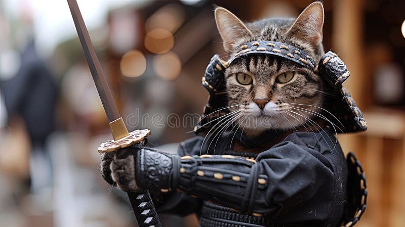 Fierce Cat Dressed in Traditional Samurai Armor, Wielding a Miniature ...
