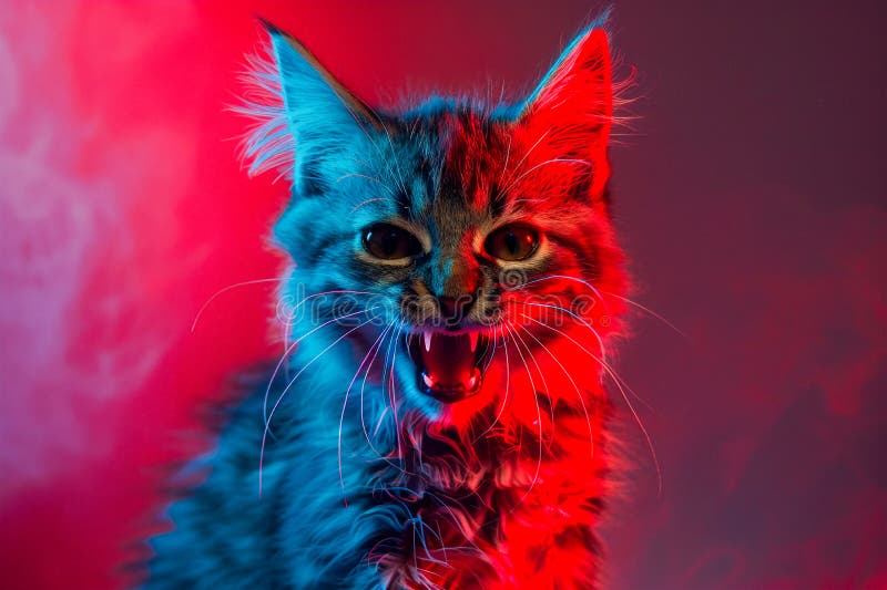Fierce Cat Hissing with Sharp Fangs Bared, Illuminated by Intense Red ...