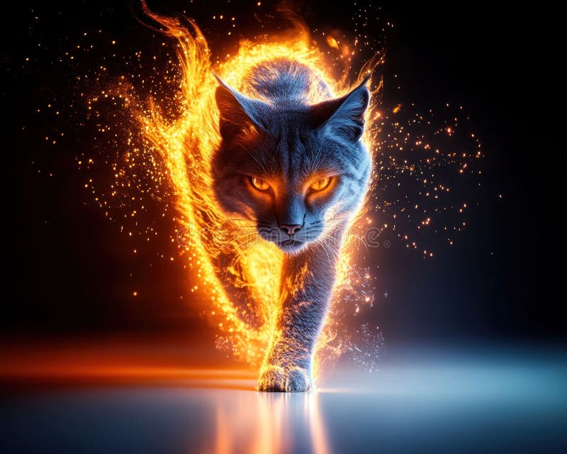 Fierce Cat Surrounded by Glowing Sparks and Fire Stock Illustration ...
