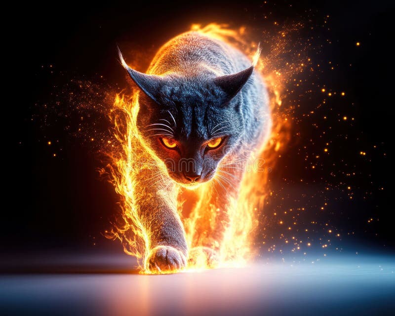 Fierce Cat Surrounded by Glowing Sparks and Fire Stock Illustration ...