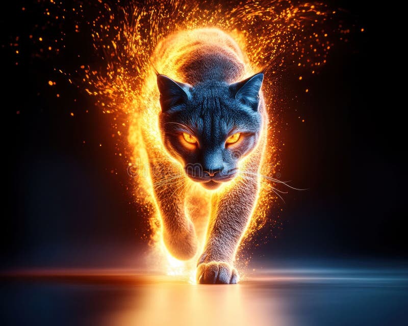 Fierce Cat Surrounded by Glowing Sparks and Fire Stock Illustration ...
