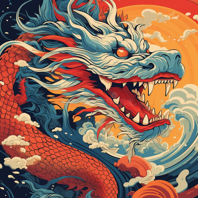 Fierce Chinese Dragon in Blue Water Sun Background Editorial Image ...