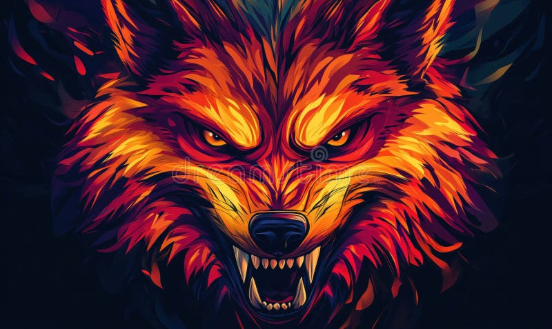 Fierce and Colorful Wolf Illustration with Intense Expression and Fiery ...
