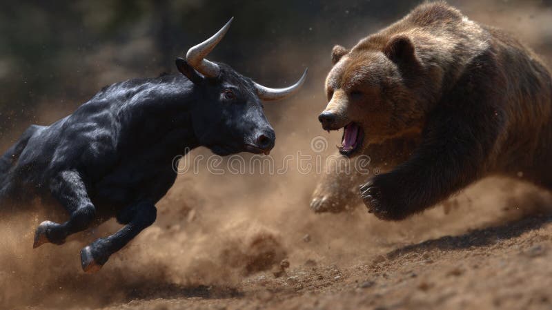 A Fierce Confrontation between a Charging Bull and a Roaring Bear ...