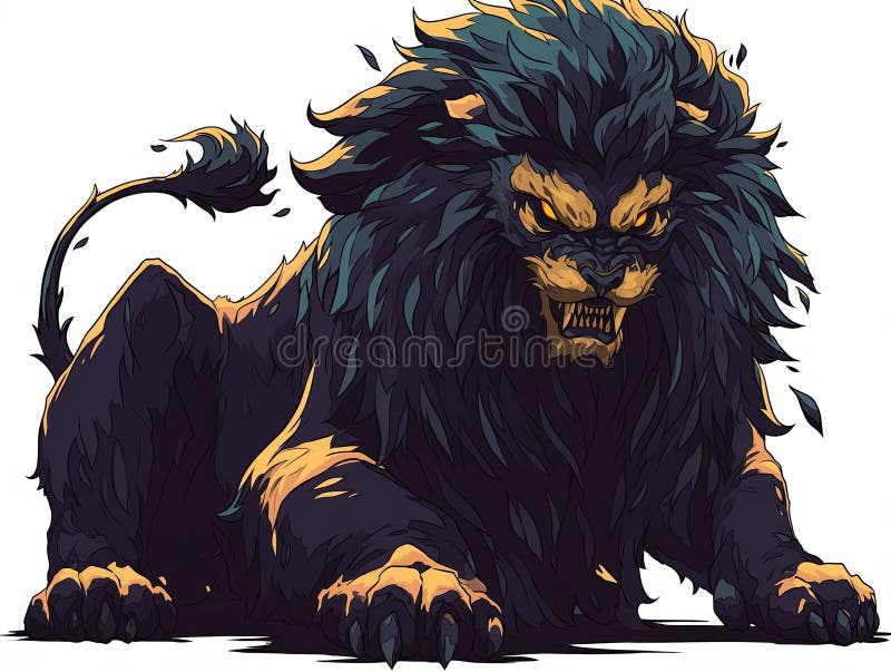 Fierce Dark-maned Lion Crouching, Ready To Pounce Stock Illustration ...