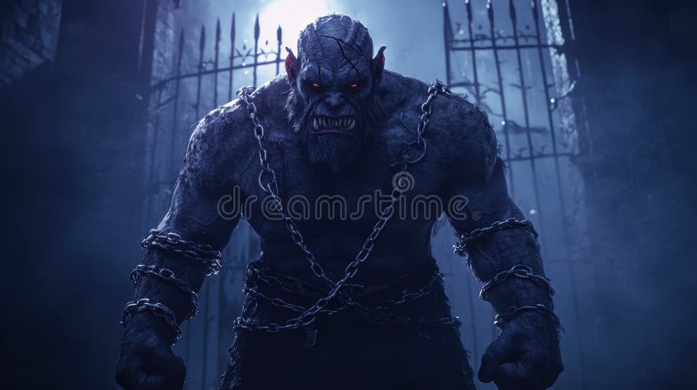 Fierce Demon with Chains, Showcasing Strength and Power Stock ...