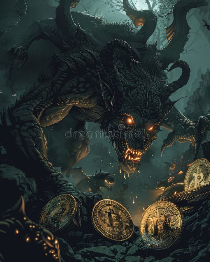 A Fierce Demon with Glowing Eyes Hoarding Bitcoins in a Dark Ethereal ...
