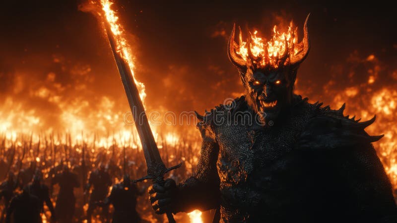Fierce Demon King with Fiery Crown and Blazing Sword Stock Illustration ...