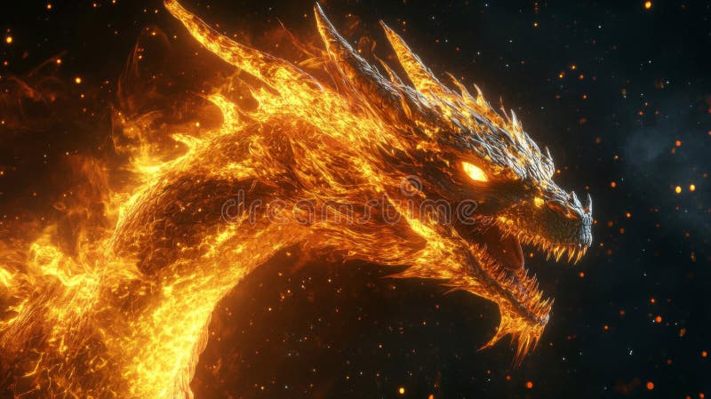 Fierce Digital Dragon Head with Glowing Fire Stock Illustration ...