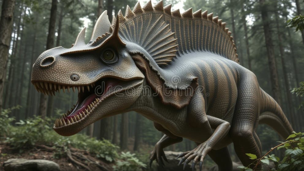Fierce Dinosaur Roaring, Displaying Sharp Teeth and Spiky Back while ...