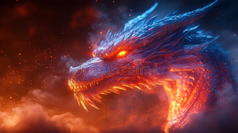 Fierce Dragon Breathing Fire Surrounded by Glowing Embers Stock Photo ...