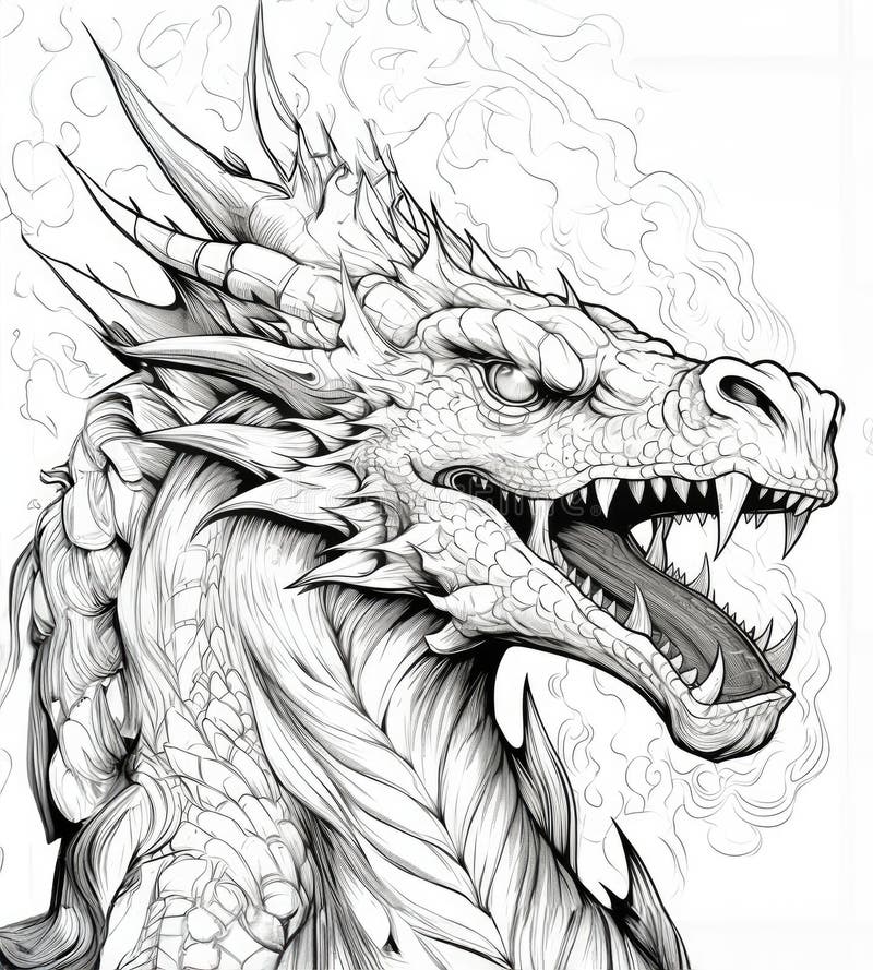 Fierce Dragon Head Emerges from Swirling Smoke in Intricate Black and ...