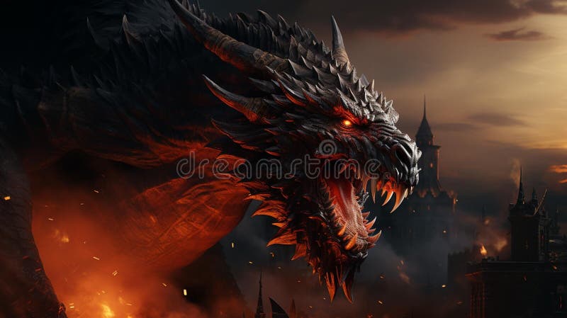 Fierce Dragon Pictured Against the Backdrop of a Flaming Castle. AI ...