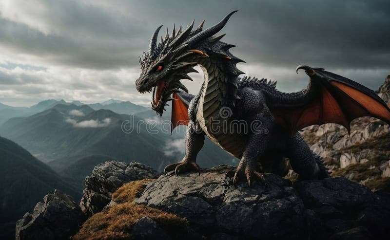A Fierce Dragon on Rock Mountain with Sky Background Stock Illustration ...
