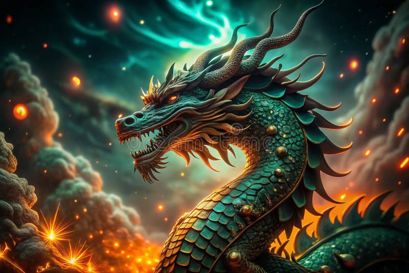 Fierce Dragon Statue, Night Sky, Mystical Fire, Powerful Roar Stock ...