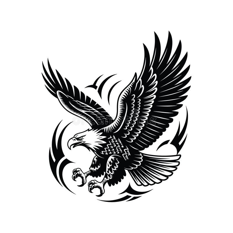 Fierce Eagle in Flight Attack Pose – Black and White Vector Illustration Stock Vector ...