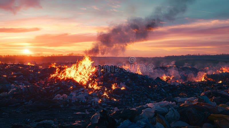 A Fierce Fire Devouring a Heap of Industrial Waste Beneath a Striking ...
