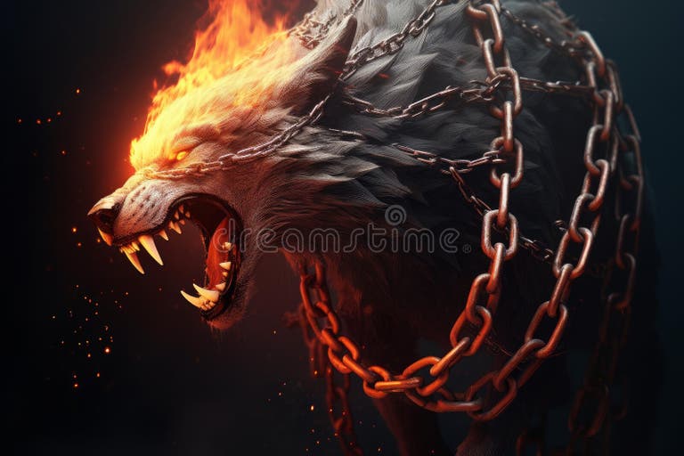 Fierce fire wolf in chains stock illustration. Illustration of danger ...