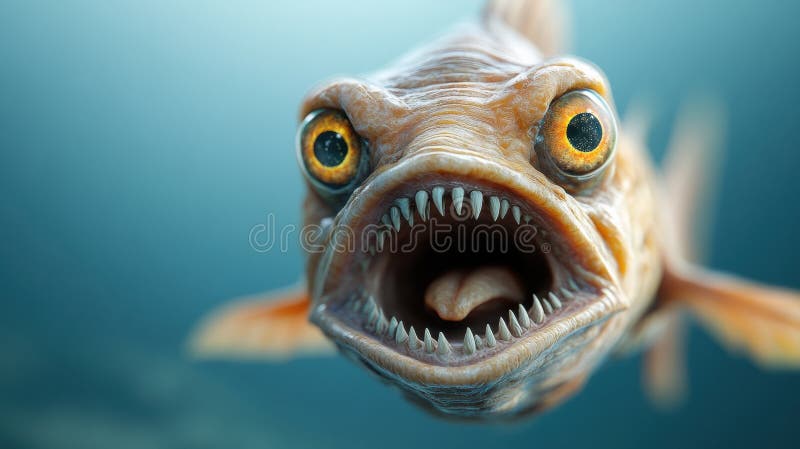 Fierce Fish with Sharp Teeth and Wide Eyes Swims in the Deep Blue Ocean ...