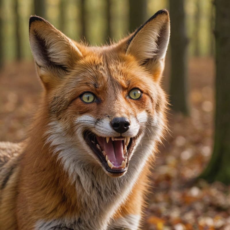 Fierce Fox in Autumn Forest Closeup with Red Fur and Green Eyes Stock ...