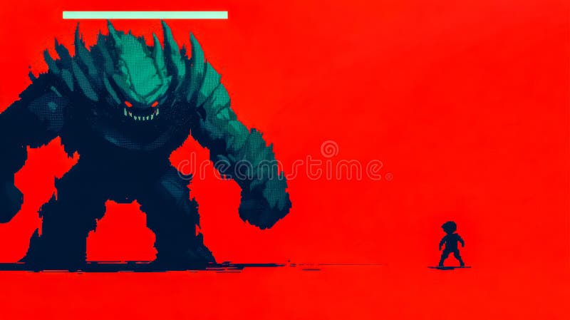 Giant Monster Facing Small Player Avatar in Red Background Stock Photo ...