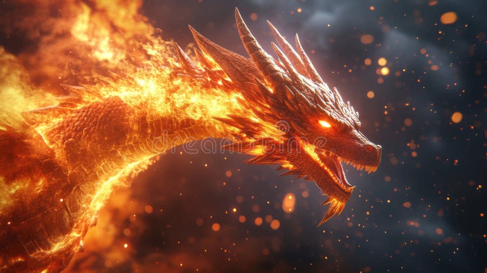 Fierce Glowing Dragon Head in Fire Stock Illustration - Illustration of ...
