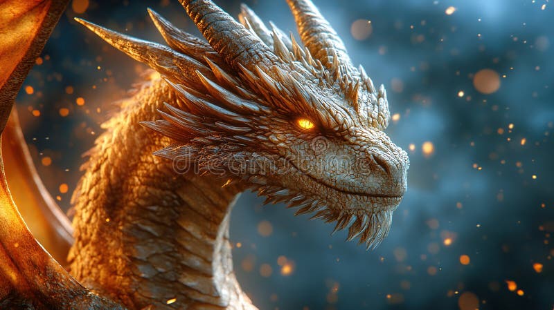 Fierce Golden Dragon Head, Close-up, with Fire and Smoke Stock ...