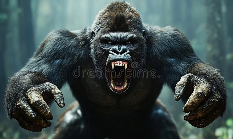Fierce Gorilla Roaring in Dense Jungle Environment Showcasing Raw Power ...