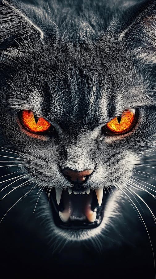 Fierce Gray Cat with Glowing Eyes - Close Up Stock Illustration ...