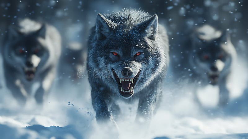 Fierce Gray Wolves with Bared Teeth Hunt through Snowy Landscape ...