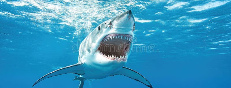A Fierce Great White Shark Displays Its Razor-sharp Teeth while Gliding ...