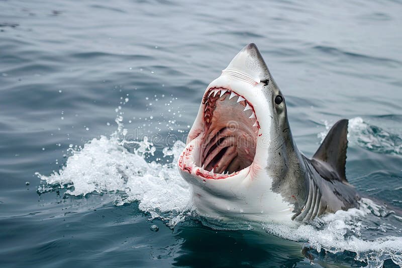 Fierce Great White Shark Surfacing with Open Mouth, Displaying Its ...