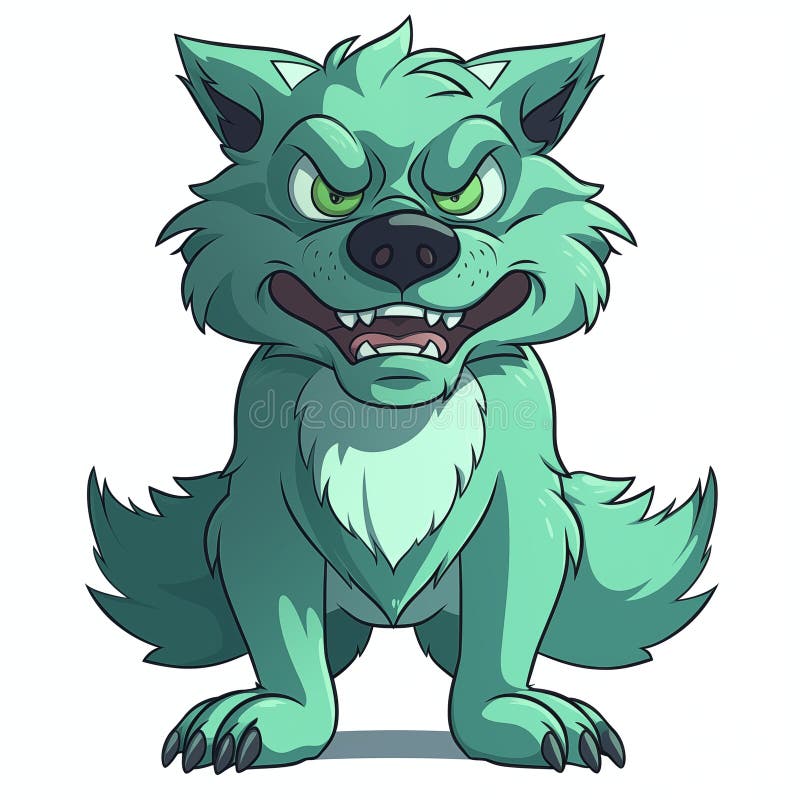 A Fierce Green Cartoon Wolf Snarling with Sharp Teeth in a Dynamic Pose ...