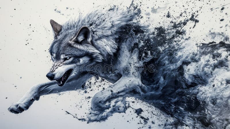 Fierce Grey Wolf Art Splatter Effect Illustration on Abstract ...