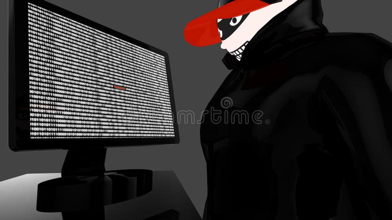 Fierce Hacker with Black Coat and Baseball Cap Spying Stock ...